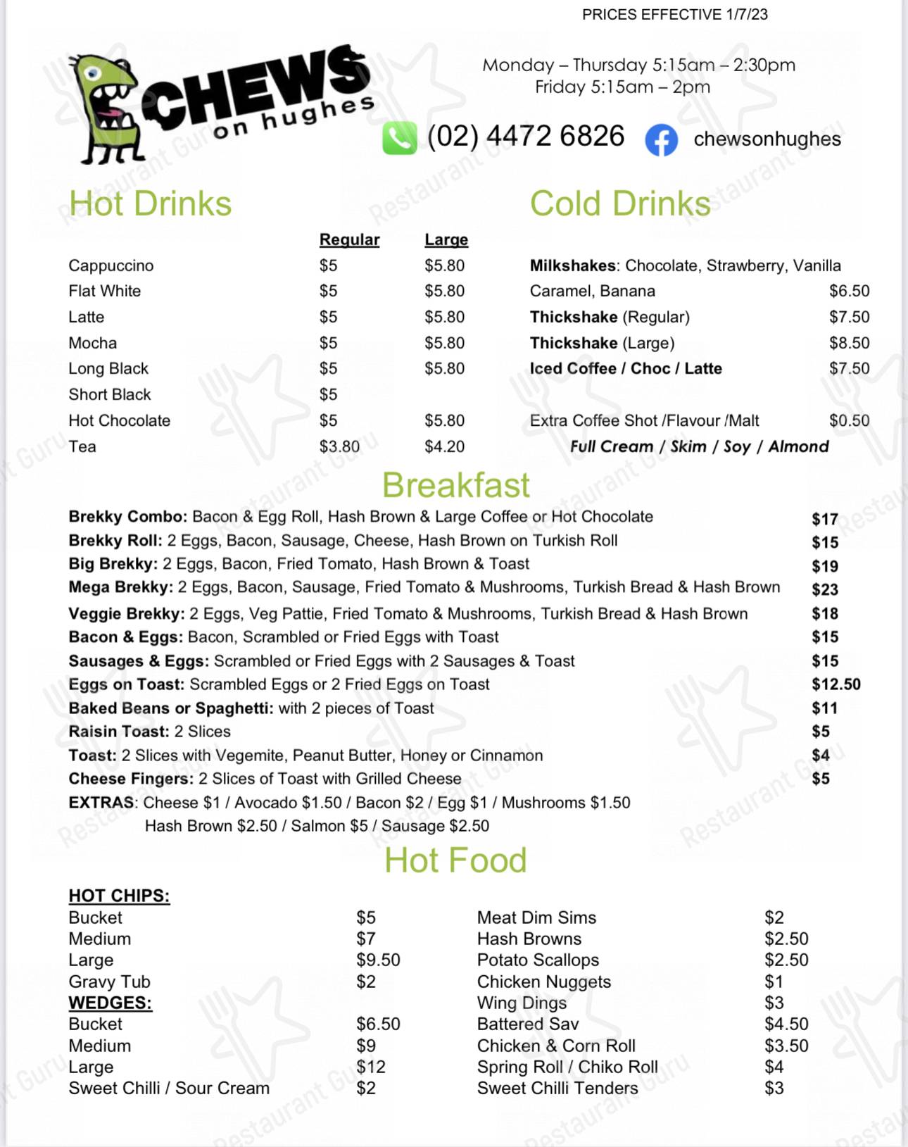 Menu at Chews on Hughes cafe, Batemans Bay