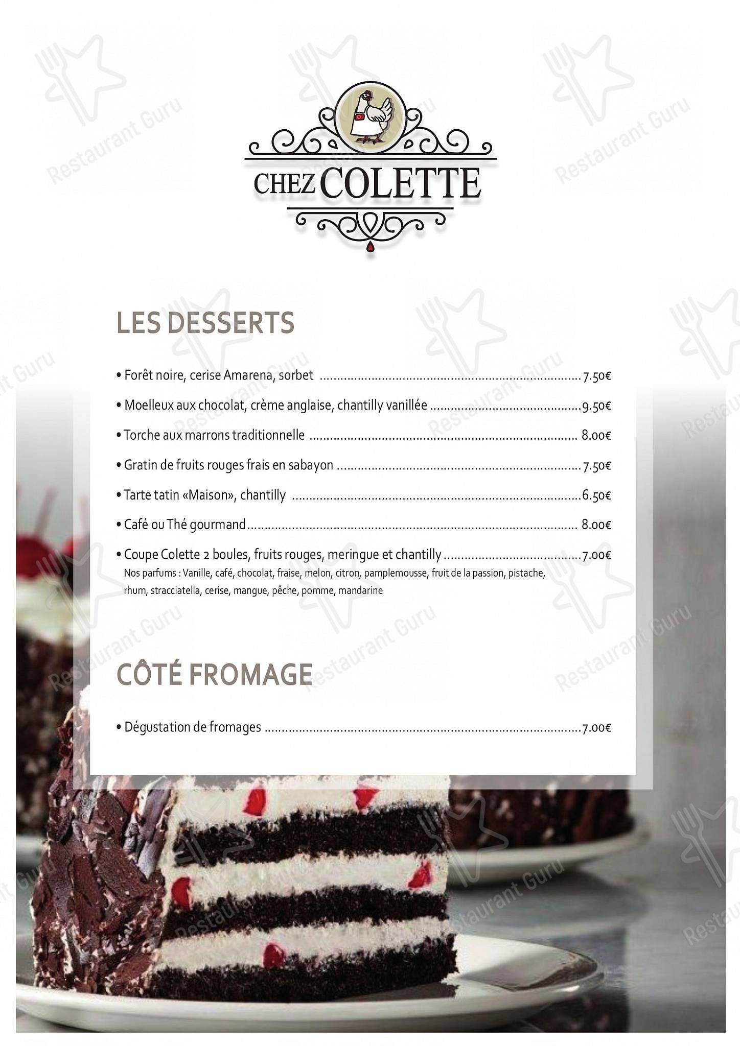 Menu au Chez Colette restaurant, Zimmersheim