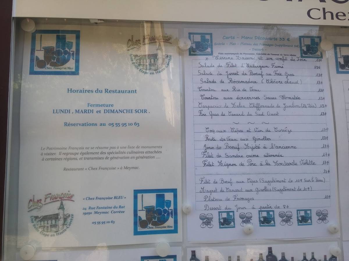 Menu au Chez Françoise Bleu restaurant, Meymac