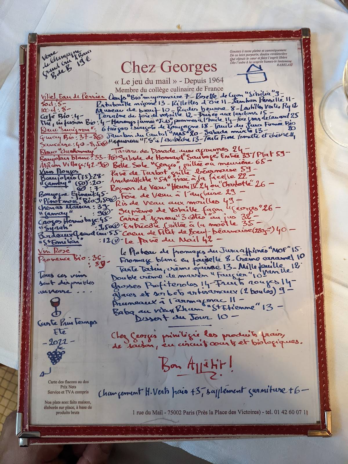 Menu at Chez Georges restaurant, Paris, 1 Rue du Mail