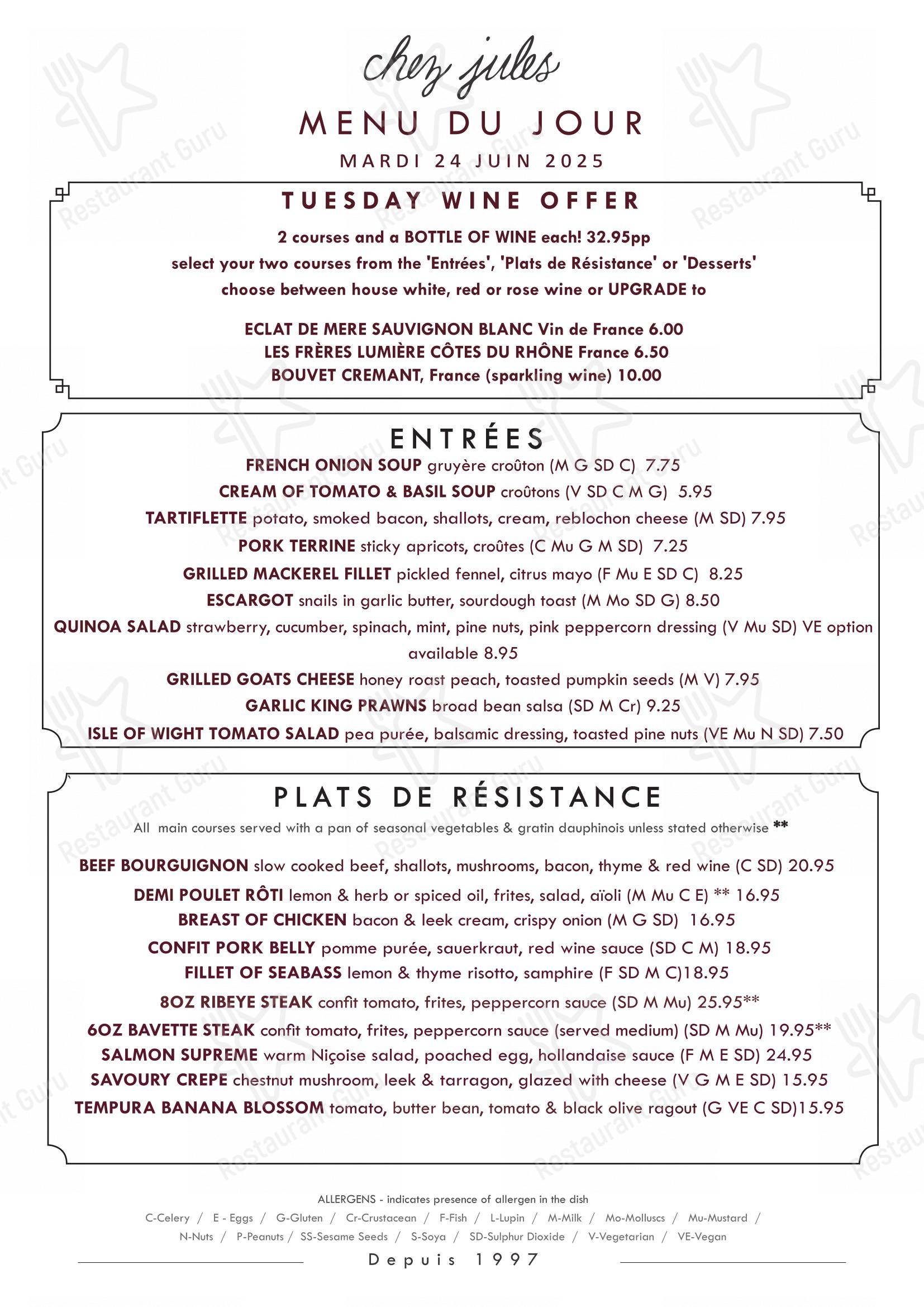 Menu at Chez Jules in Chester restaurant, Chester