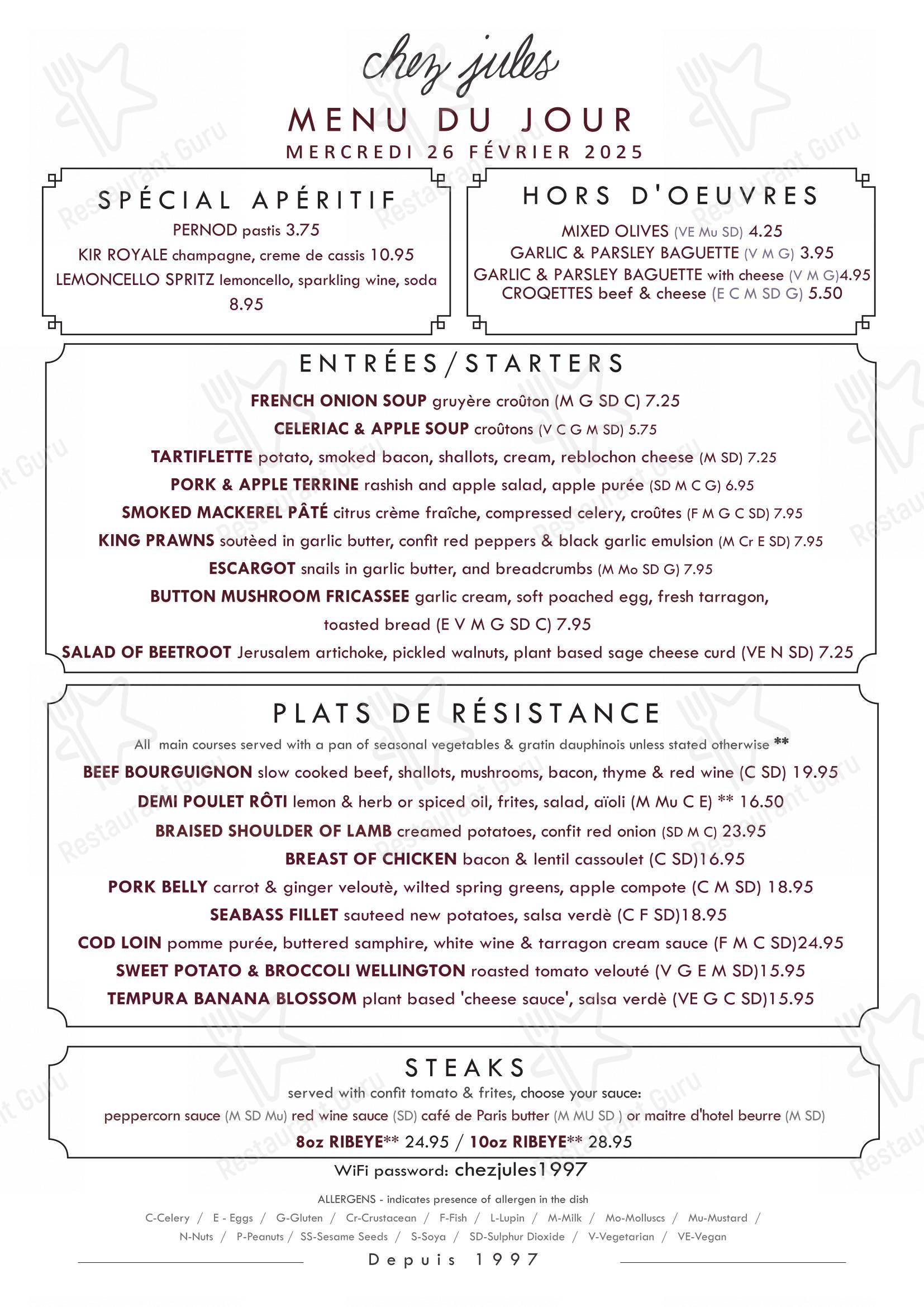 Menu at Chez Jules in Chester restaurant, Chester