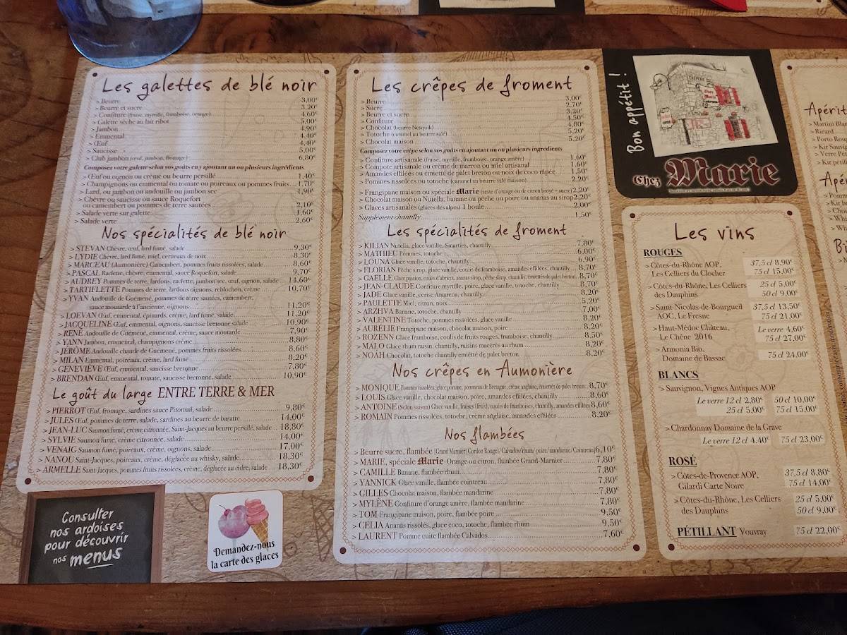 Menu au chez marie restaurant, Carnac