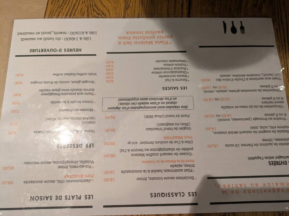 Menu au Chez Vincent restaurant, Soignies