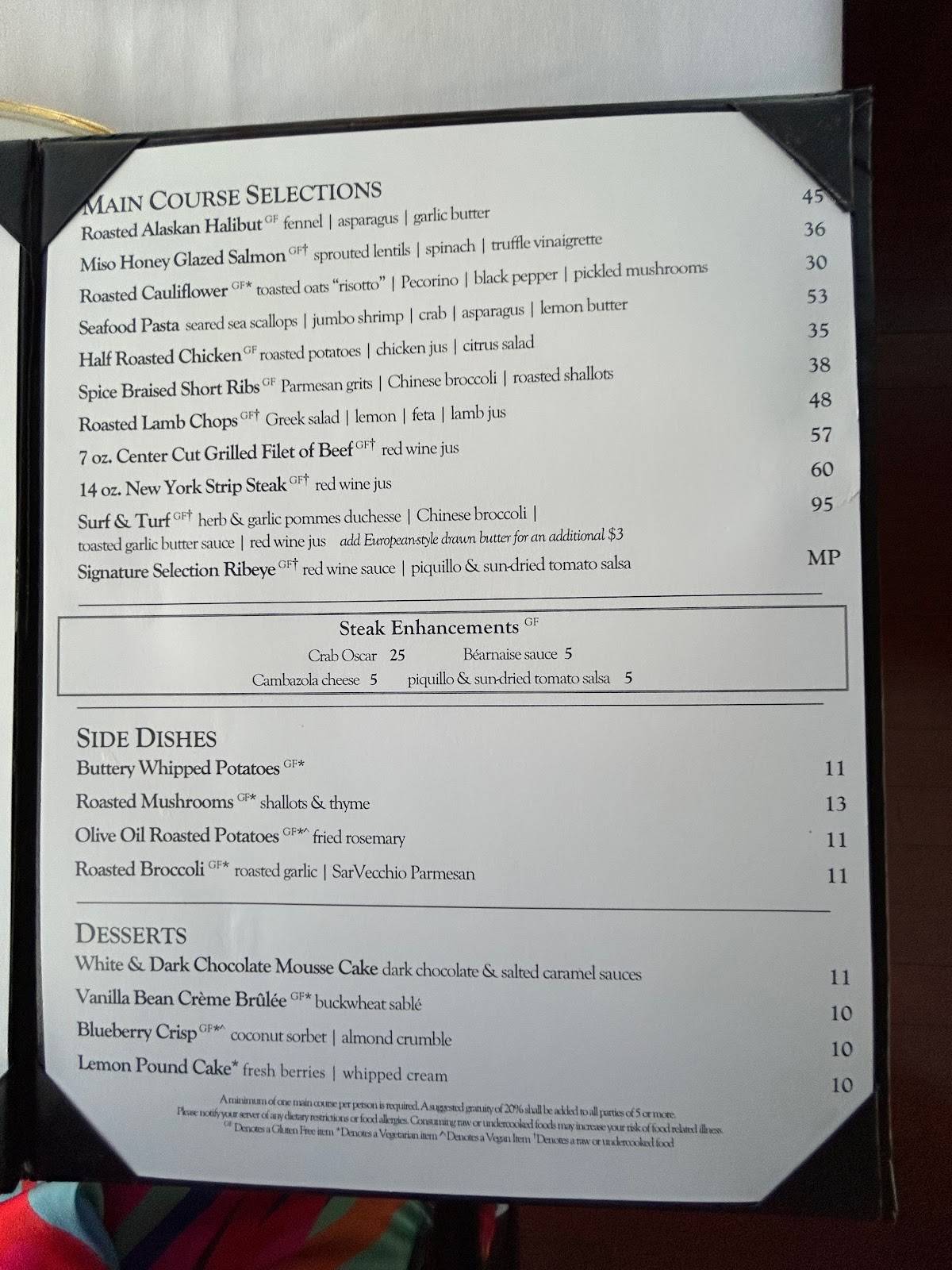 Menu at The Signature Room at the 95th restaurant, Chicago