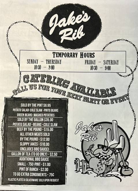 Menu at Jake's Rib BBQ, Chickasha