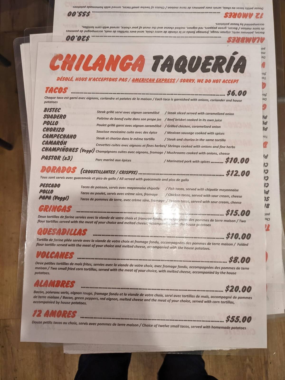 Carta del restaurante Chilanga Taqueria, Montréal