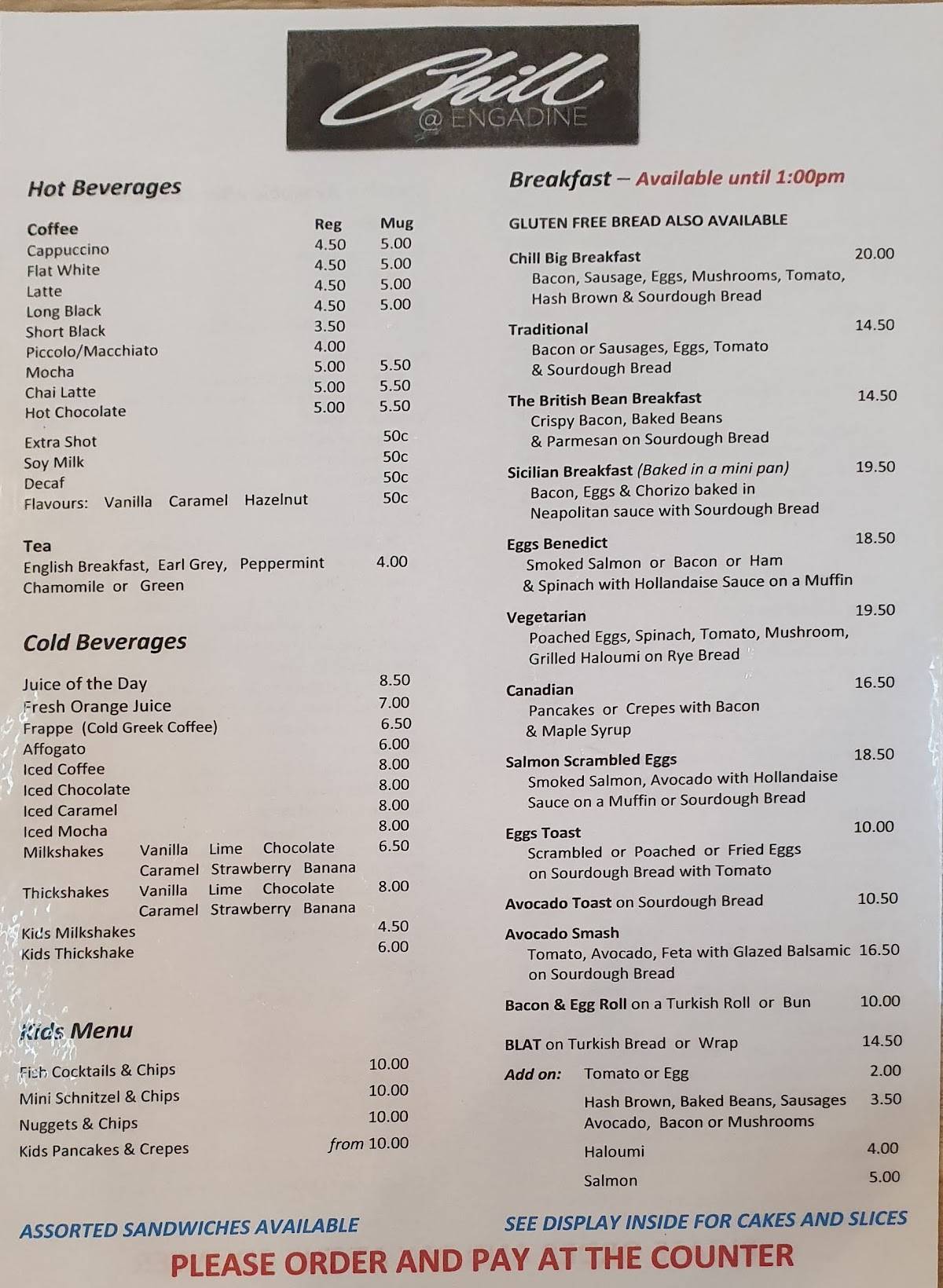 Menu at Chill @ Engadine cafe, Engadine