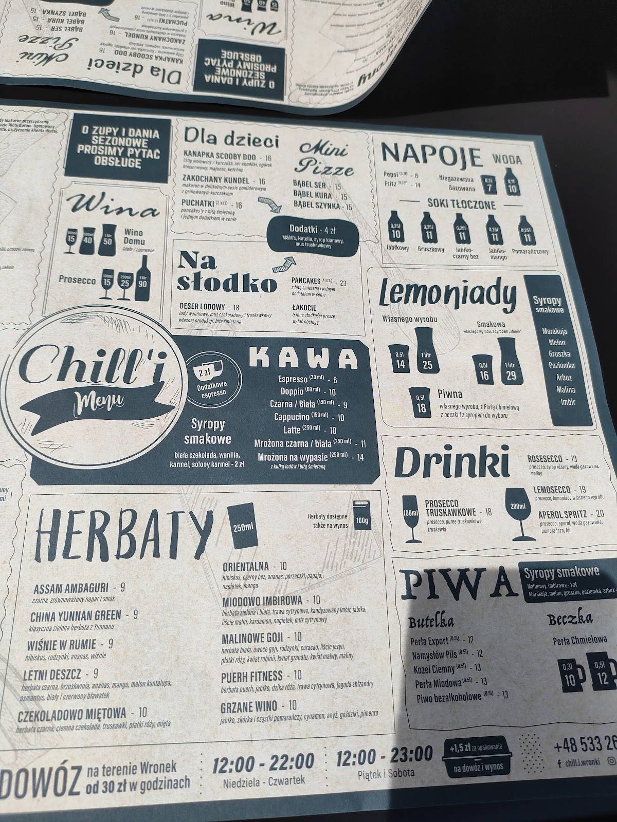 Menu at Chill'i restaurant, Wronki