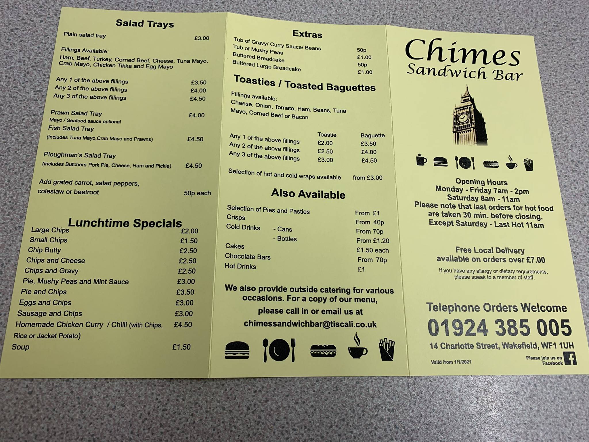 Menu at Chimes Sandwich Bar, Wakefield