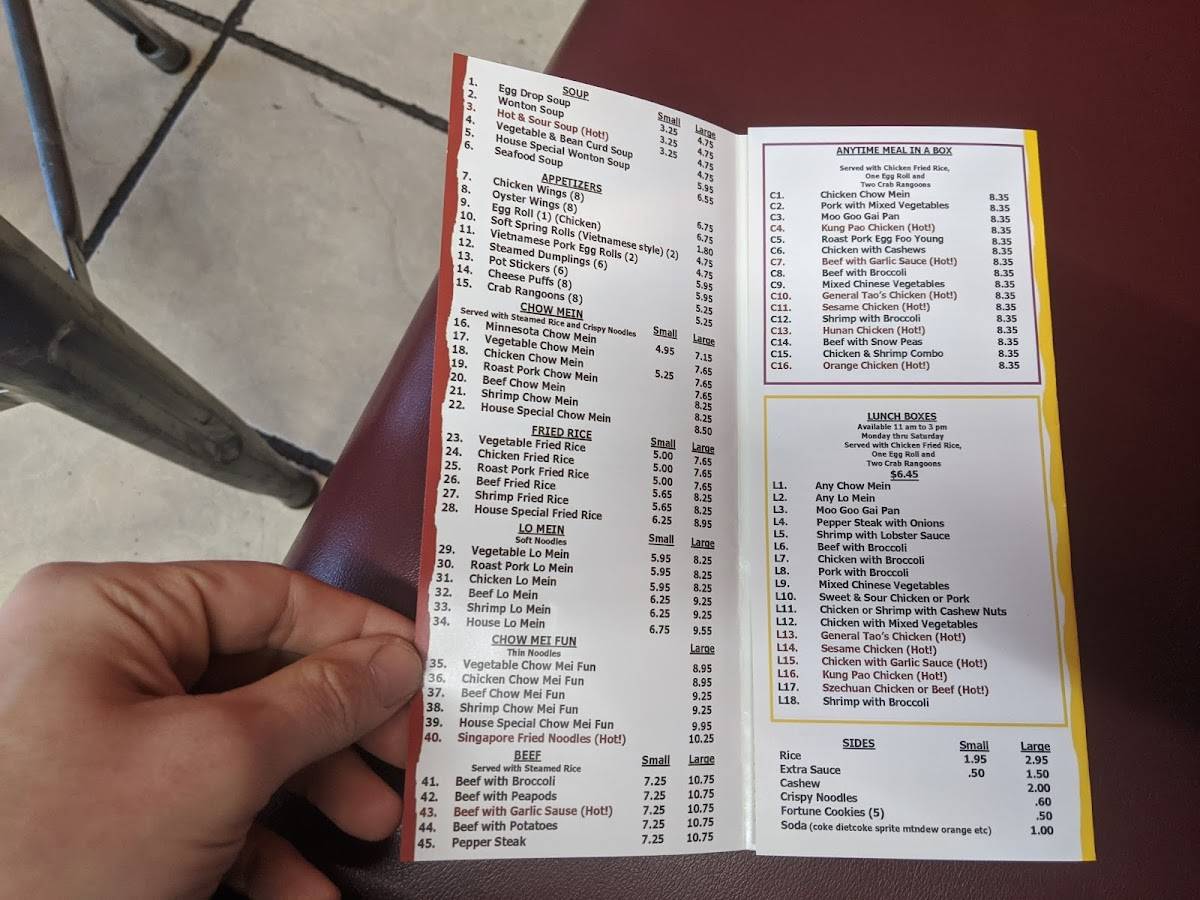 Menu at Chin Chin restaurant, West Saint Paul