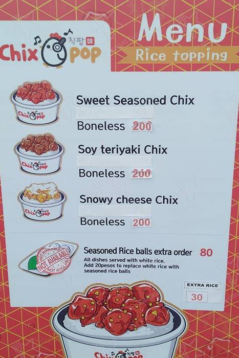 Menu at Chix Pop, Parañaque, Crystal Corridor