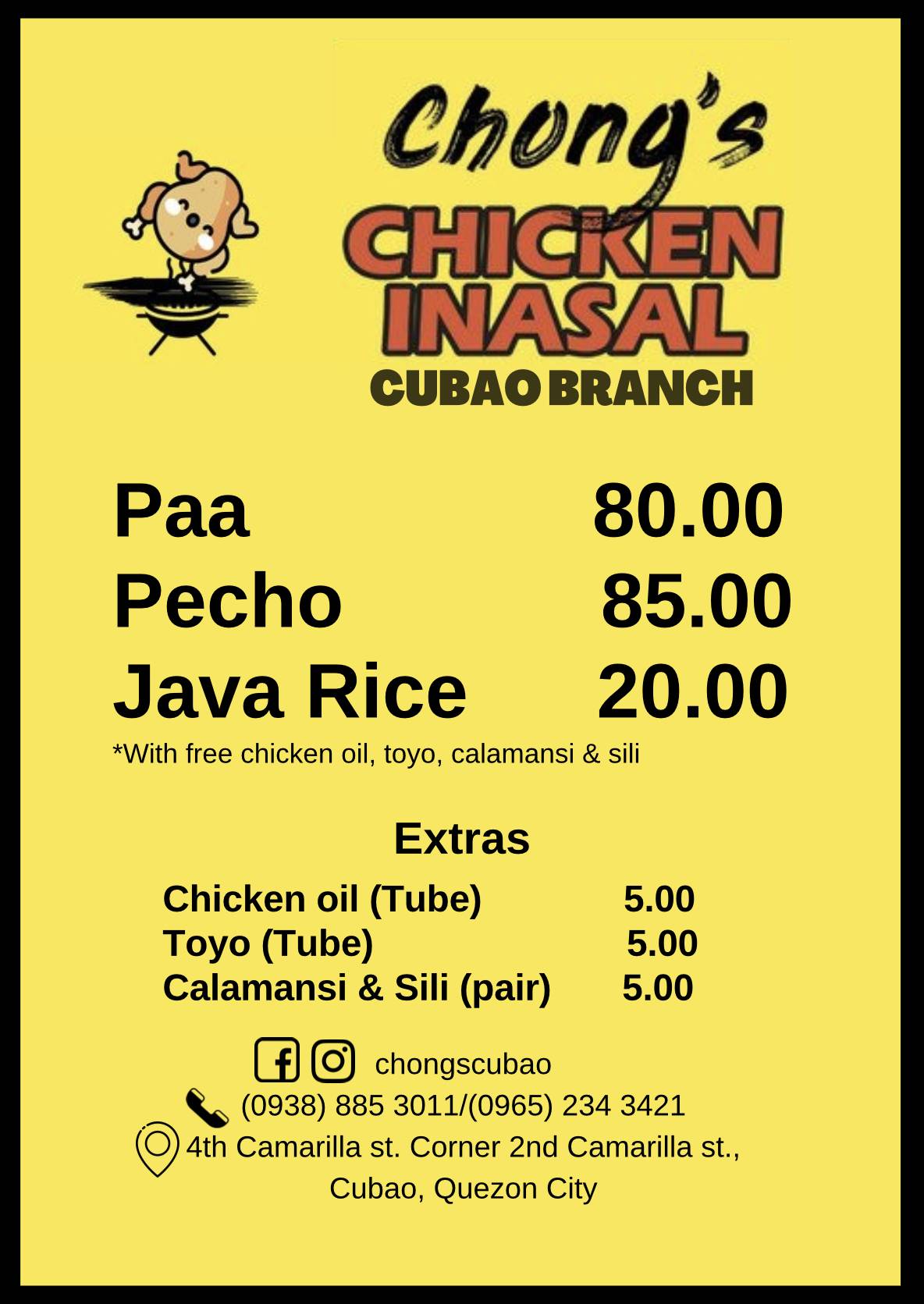 Menu at Chong's Chicken Inasal - Cubao Branch restaurant, Quezon City