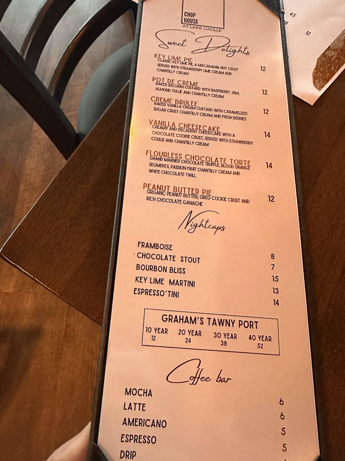Menu at Chop House at Lake Lucille steakhouse, Wasilla