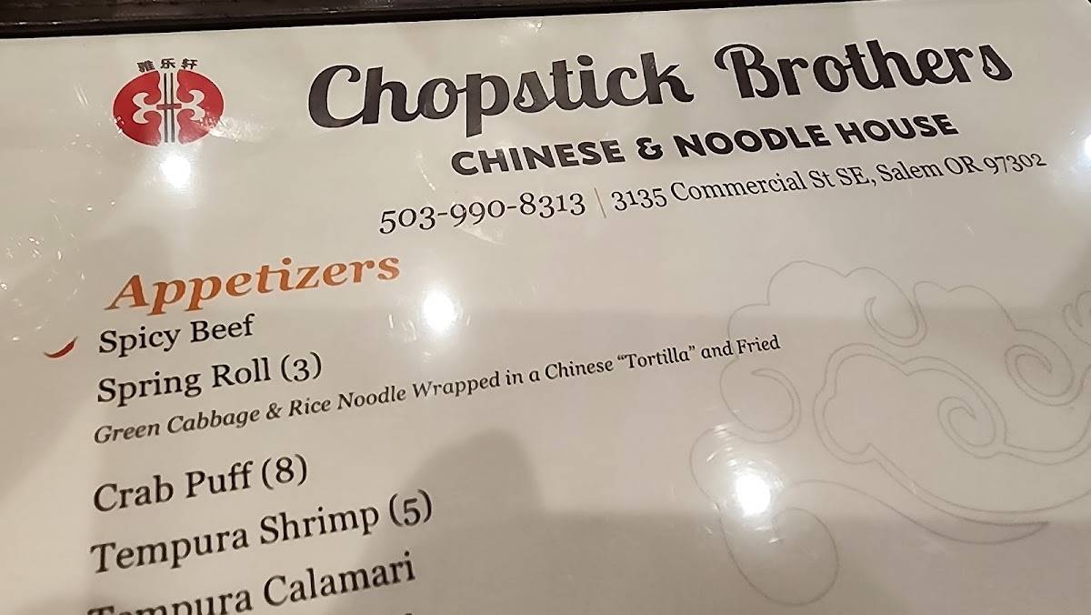Menu at Chopstick Brothers restaurant, Salem