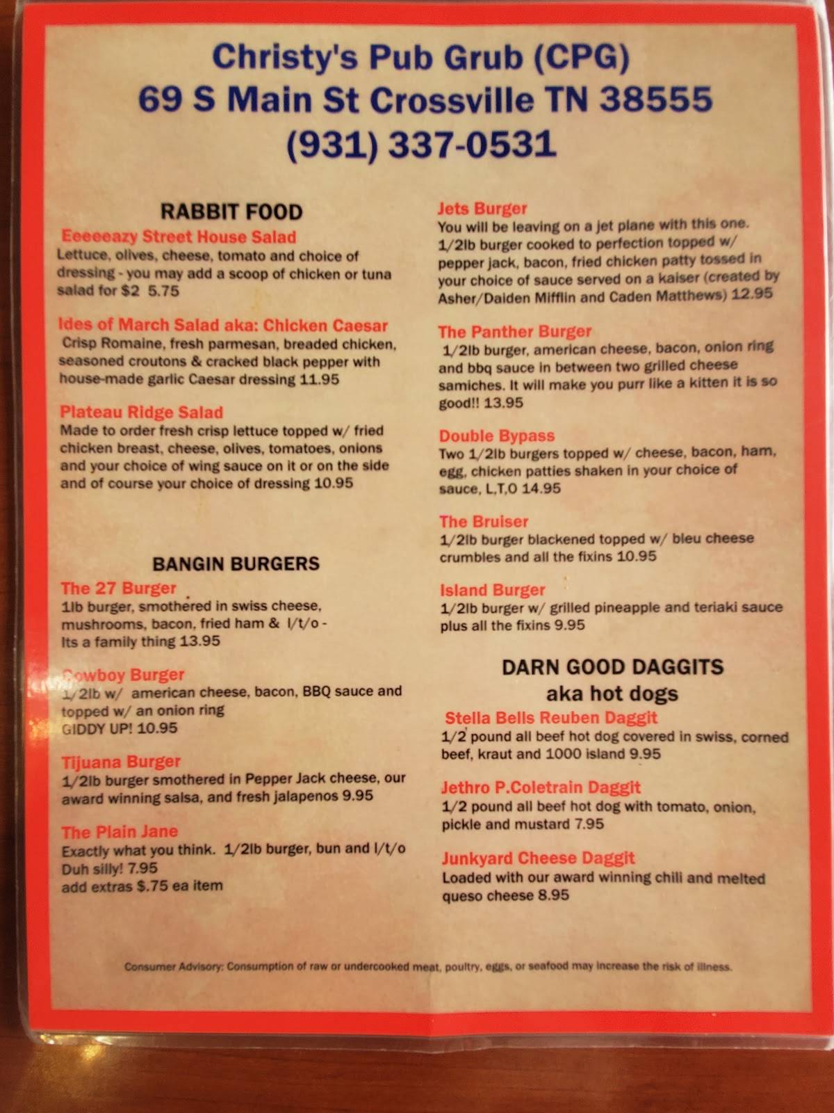 Menu at Christy's Pub Grub, Crossville