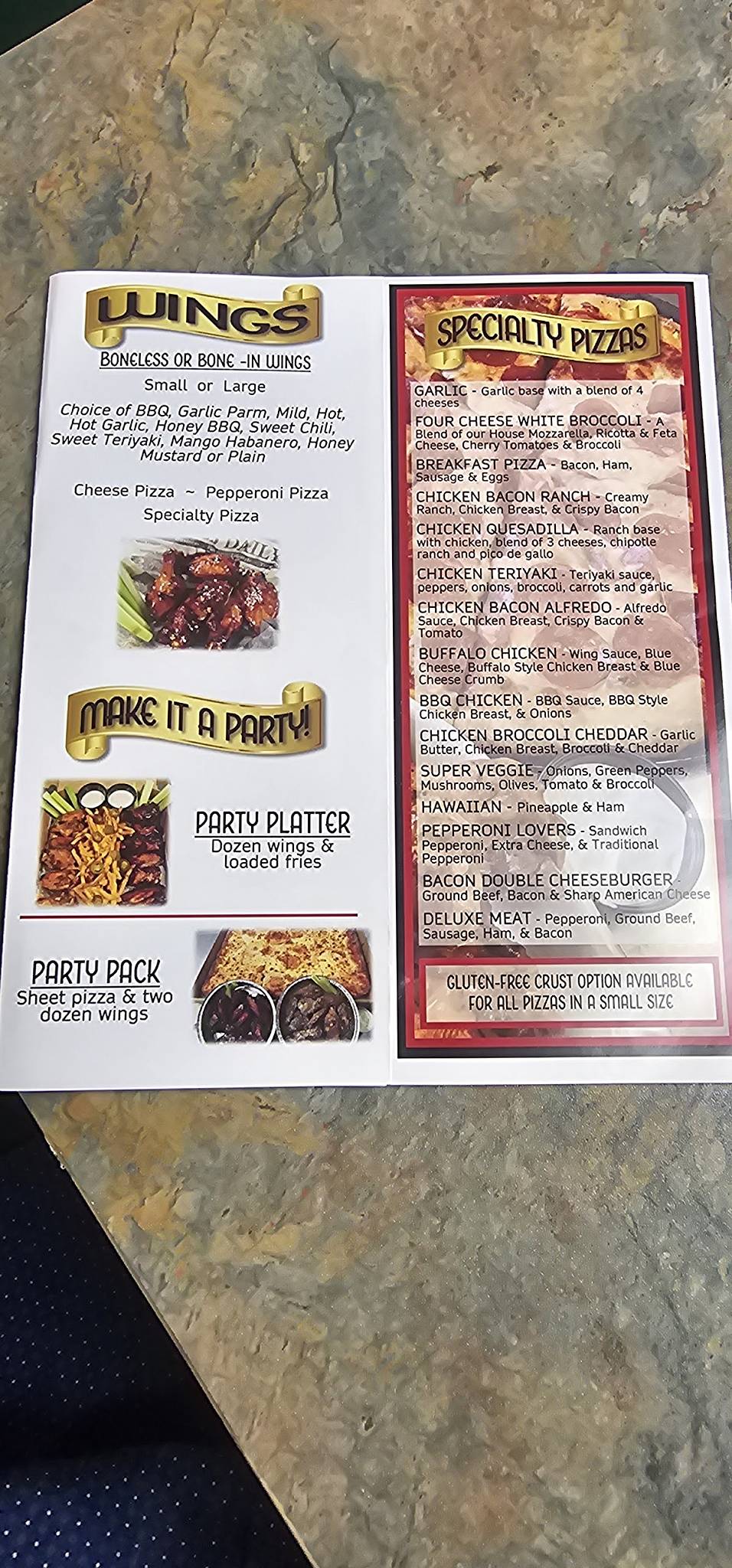 Menu at Chumpy's pizzeria, Sayre