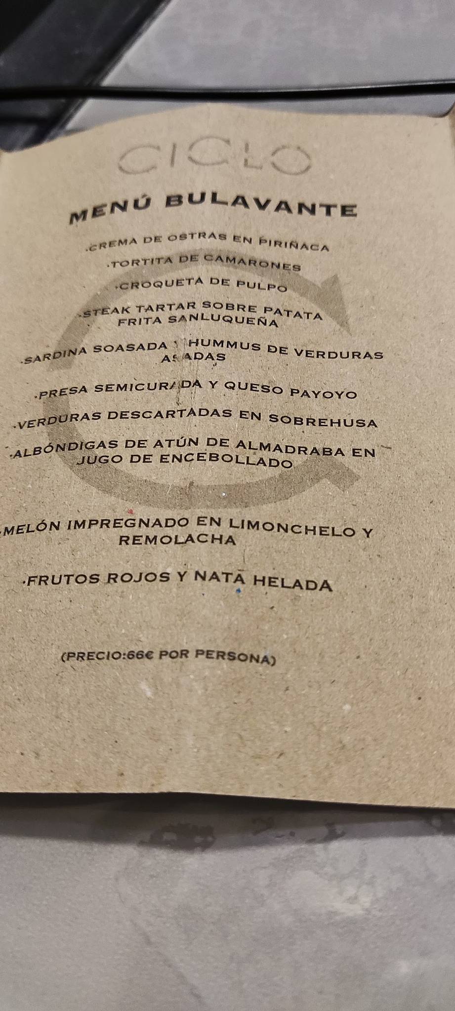 Carta de Ciclo Restaurante, Cádiz