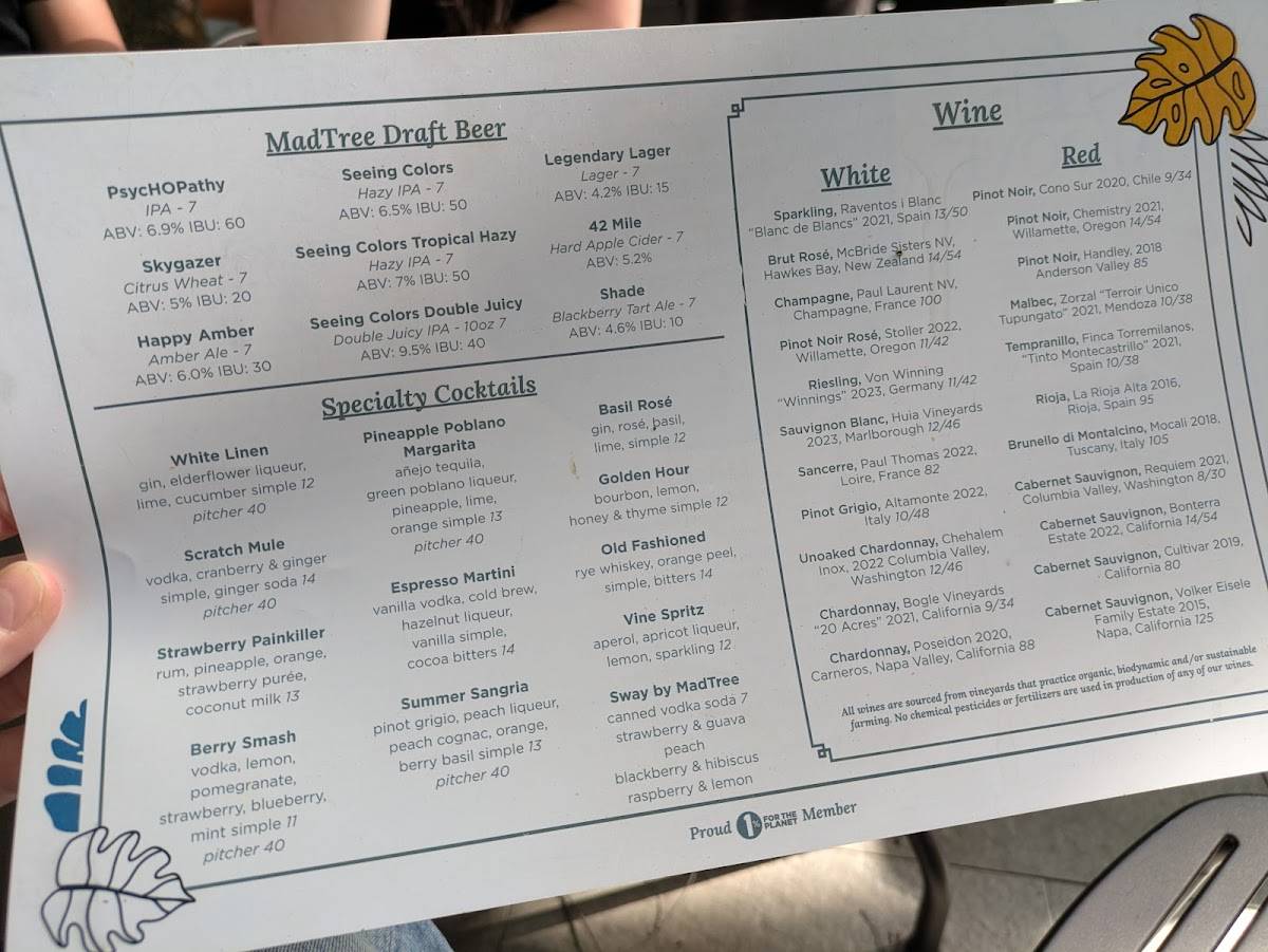 Menu at Alcove by MadTree Brewing pub & bar, Cincinnati
