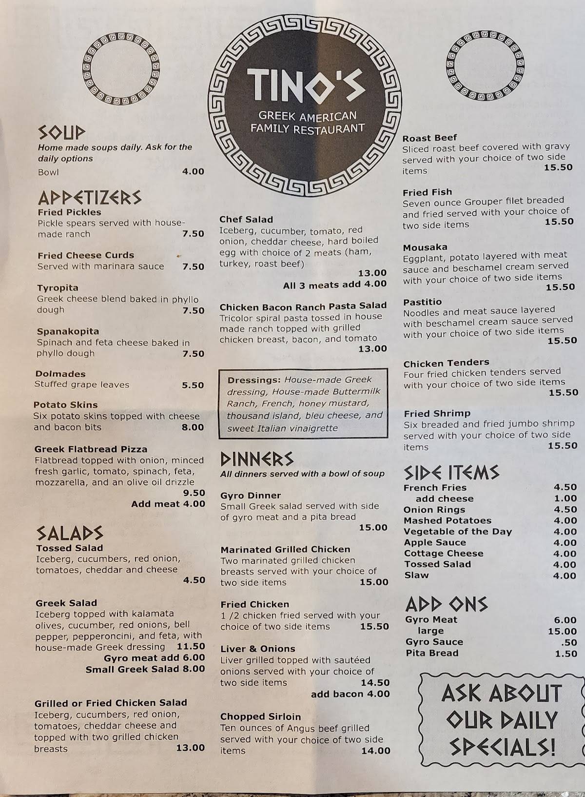 Menu at Tino's Greek-American Family Restaurant, Cincinnati