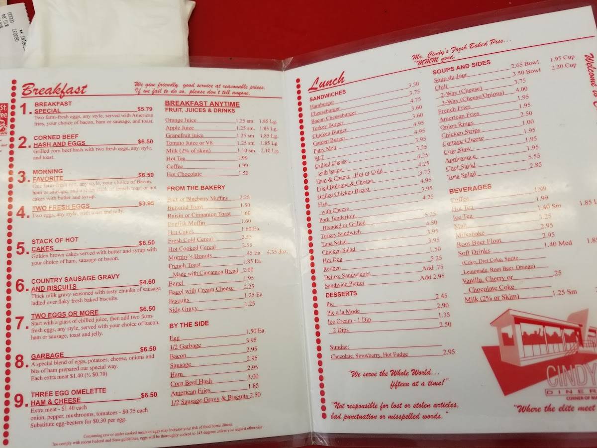 Menu at Cindy's Diner restaurant, Fort Wayne