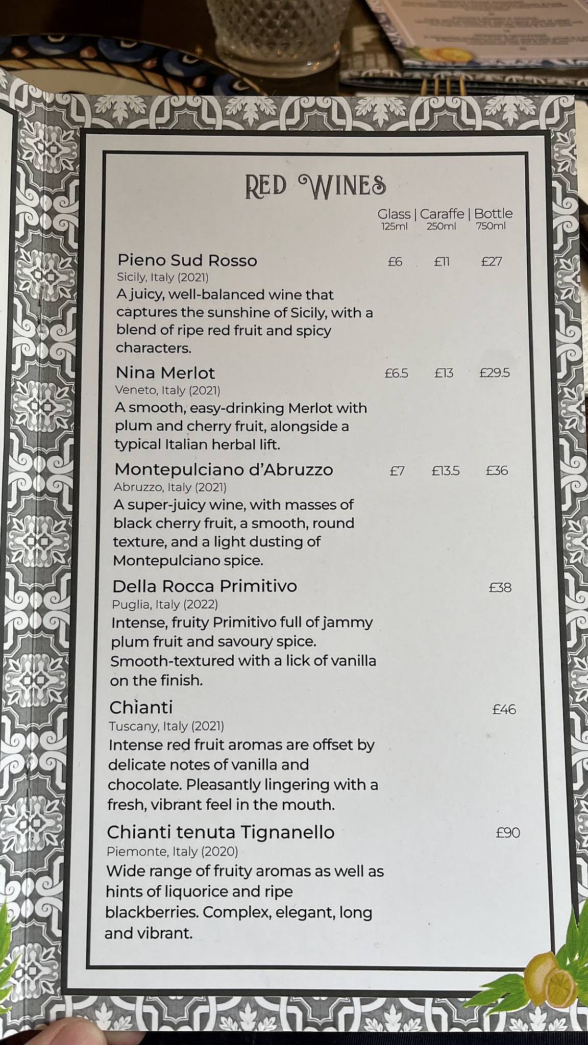Menu at Cinquecento restaurant, London, 115 Notting Hill Gate