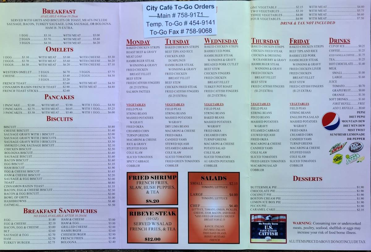 Menu at City Cafe, Northport