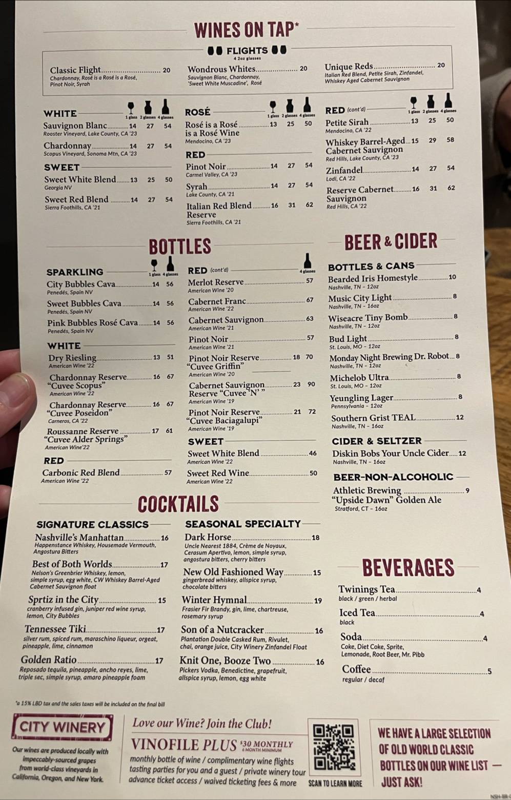 Menu at City Winery Nashville pub & bar, Nashville