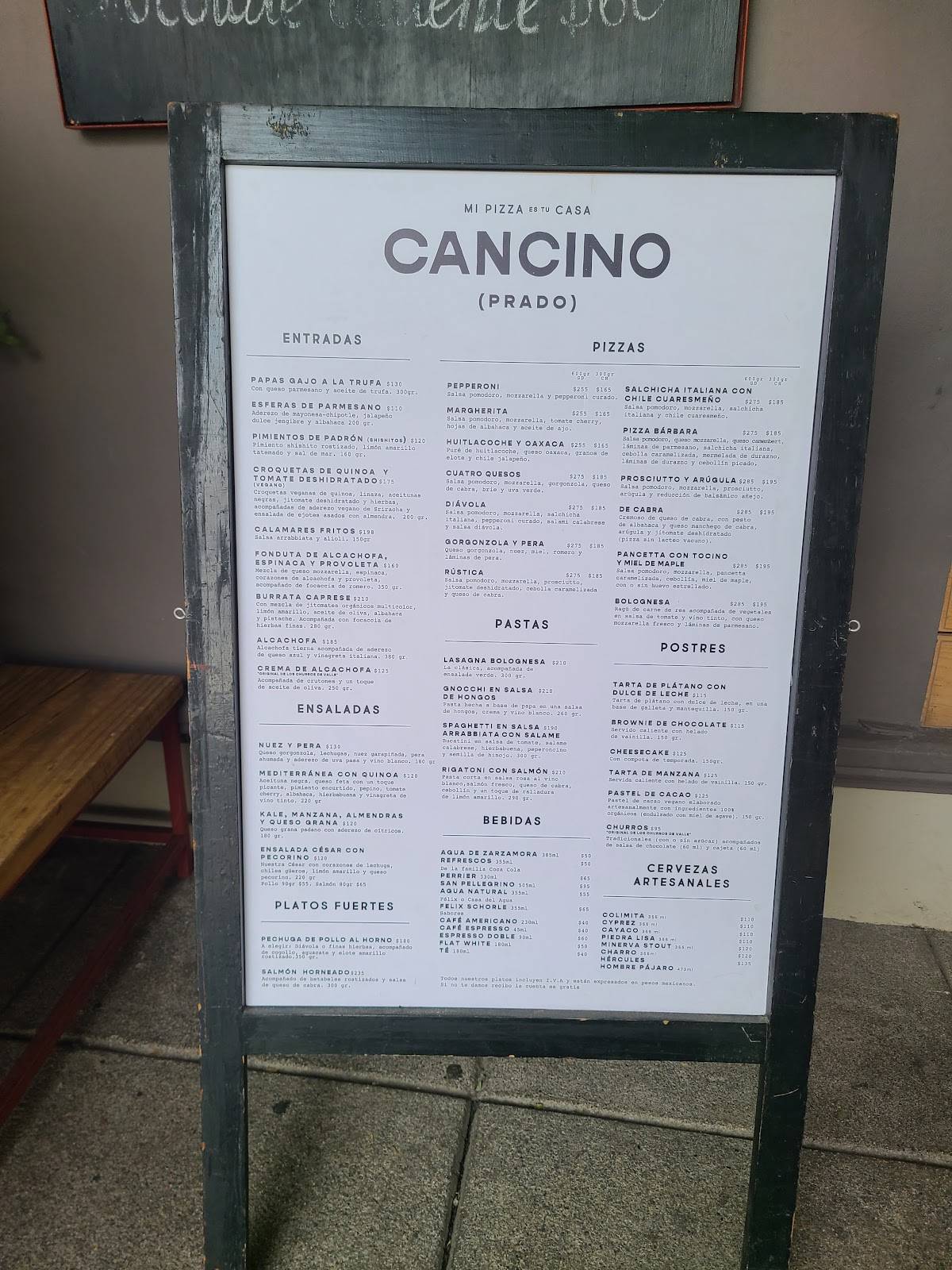 Carta del restaurante Cancino, Ciudad del México