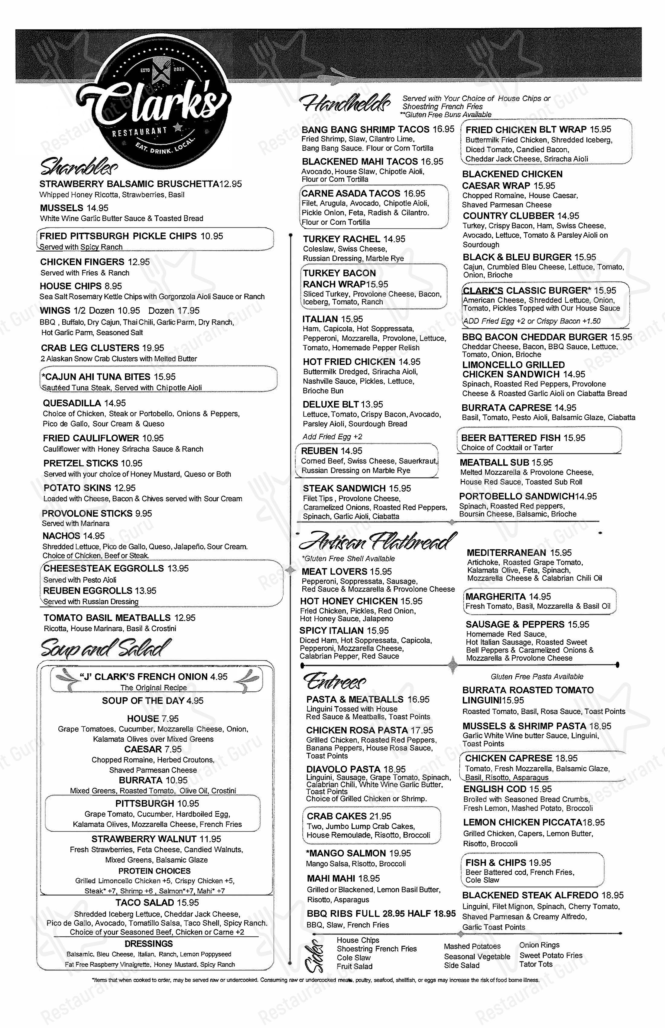 Menu at Clark's Restaurant, McCandless