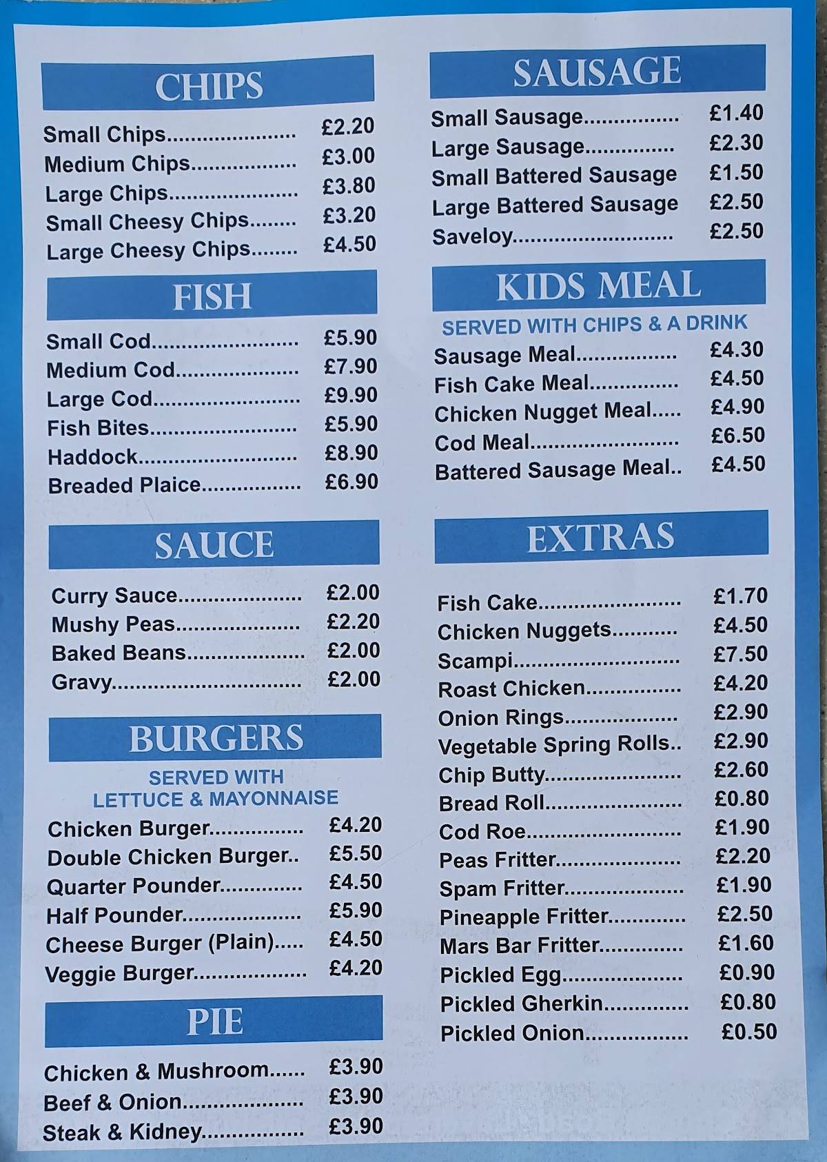 Menu at Classic Fish Bar, Salisbury