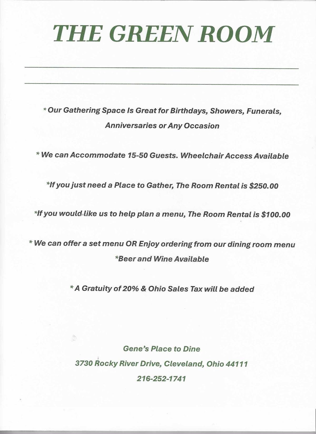Menu at Gene's Place To Dine restaurant, Cleveland