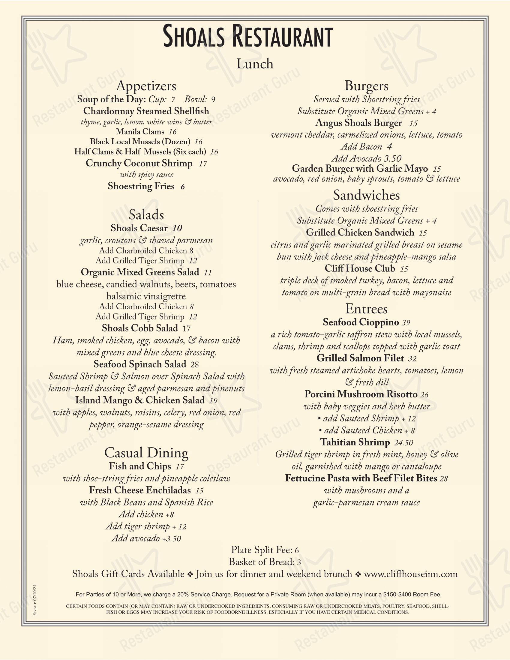 Menu at Cliff House Inn and Shoals Restaurant, Mussel Shoals