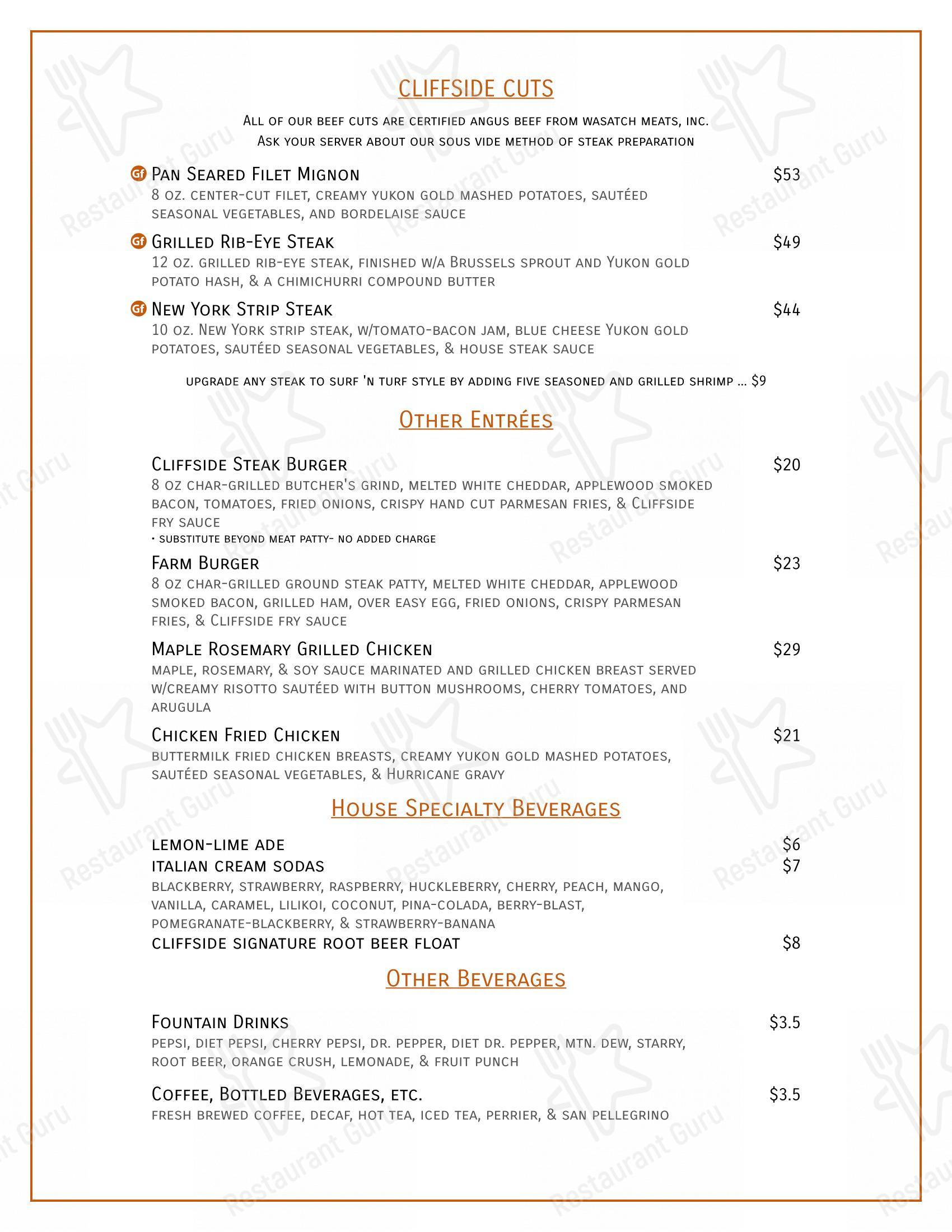 Menu at Cliffside Restaurant, St. George