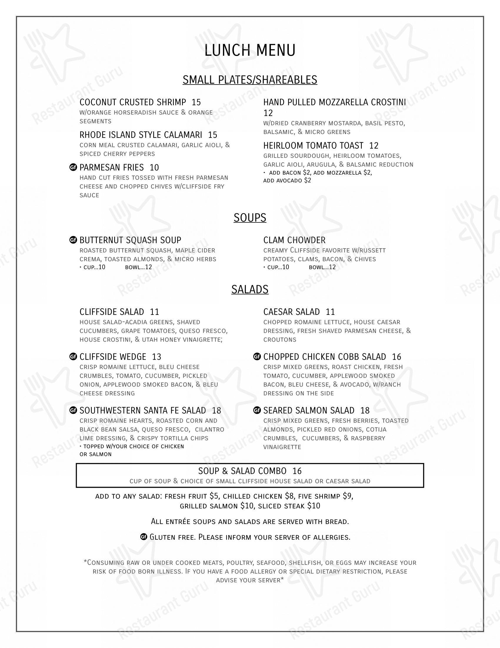 Menu at Cliffside Restaurant, St. George
