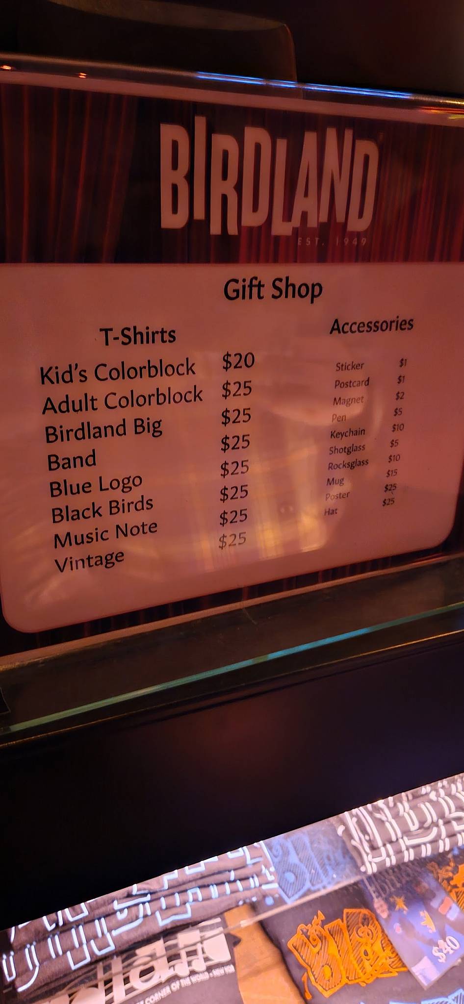 Menu at Birdland Jazz Club, West New York