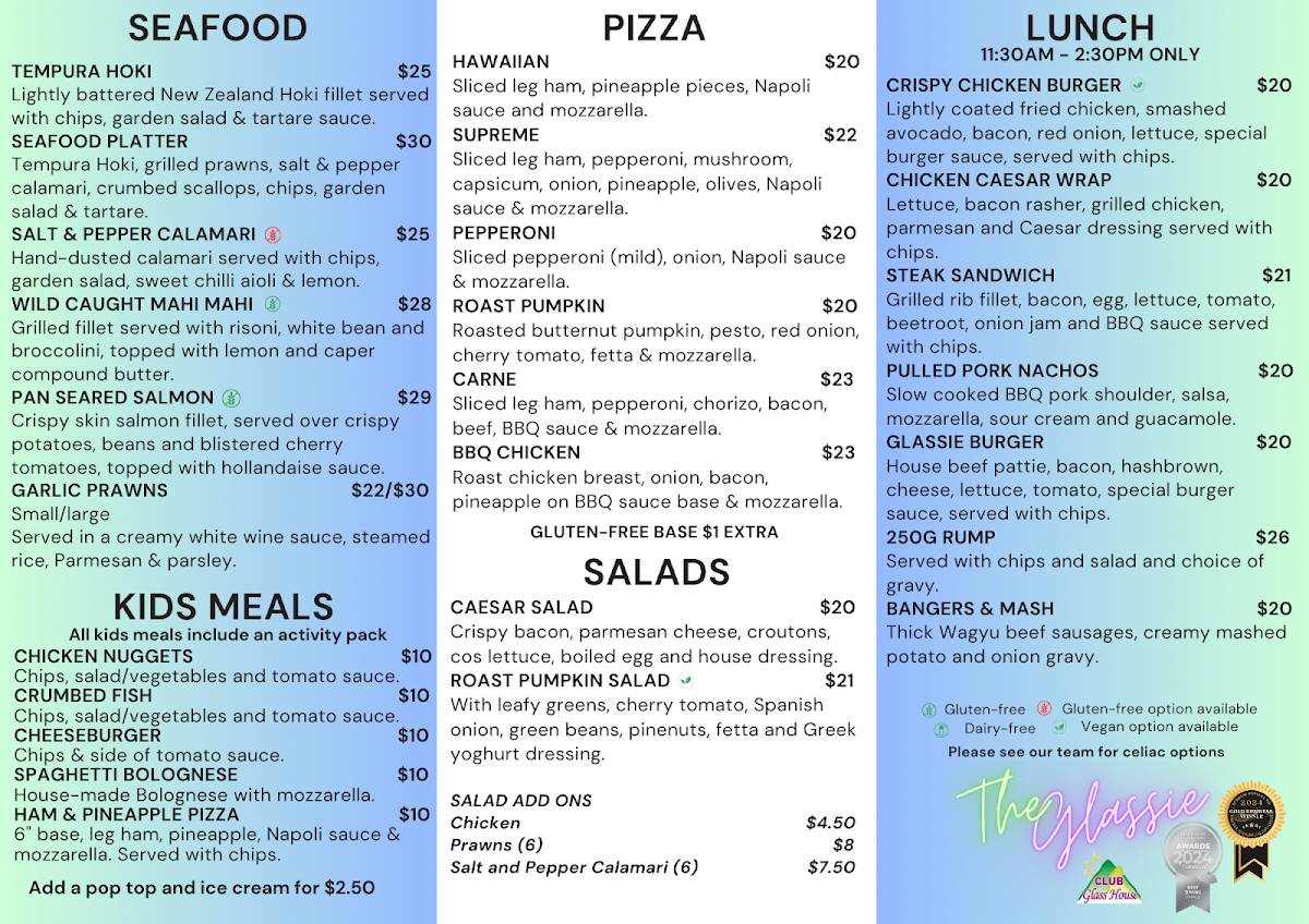 Menu at Club Glass House, Glass House Mountains