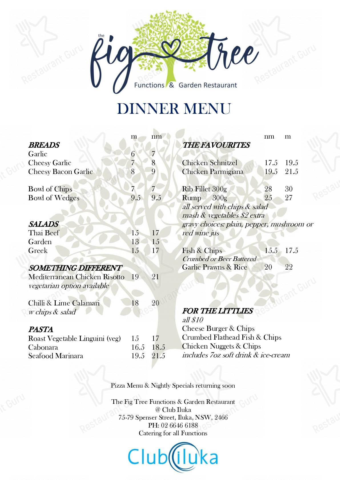 Menu at Club Iluka, Iluka