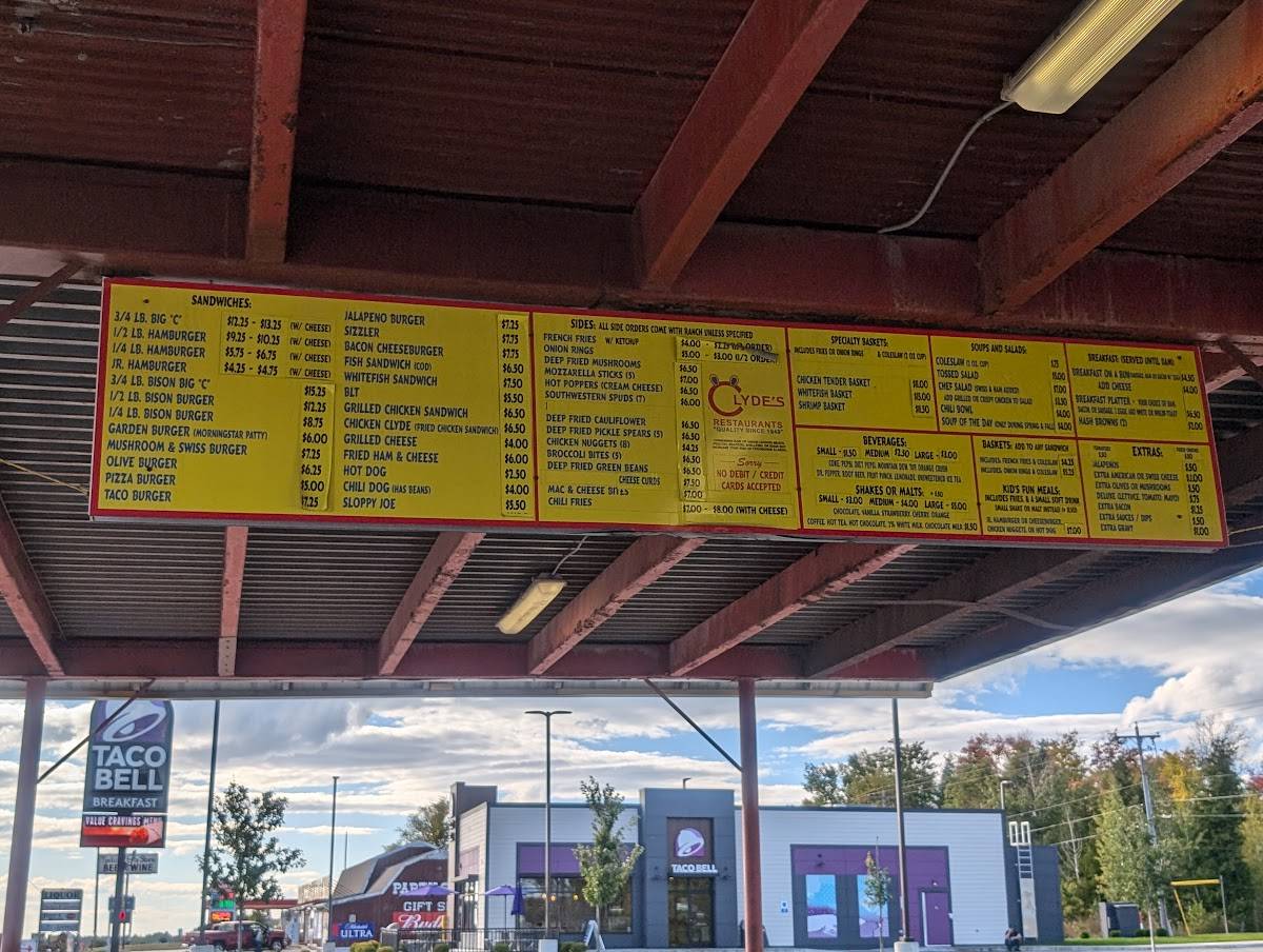 Menu at Clyde's Drive-In fast food, Saint Ignace, 178 US-2