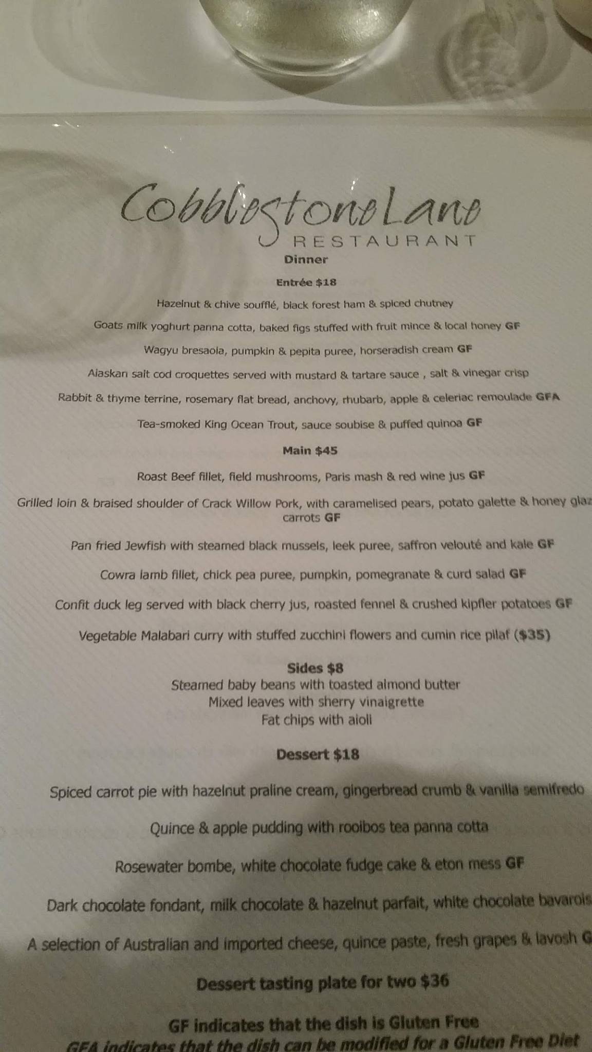 Menu at Cobblestone Lane restaurant, Bathurst
