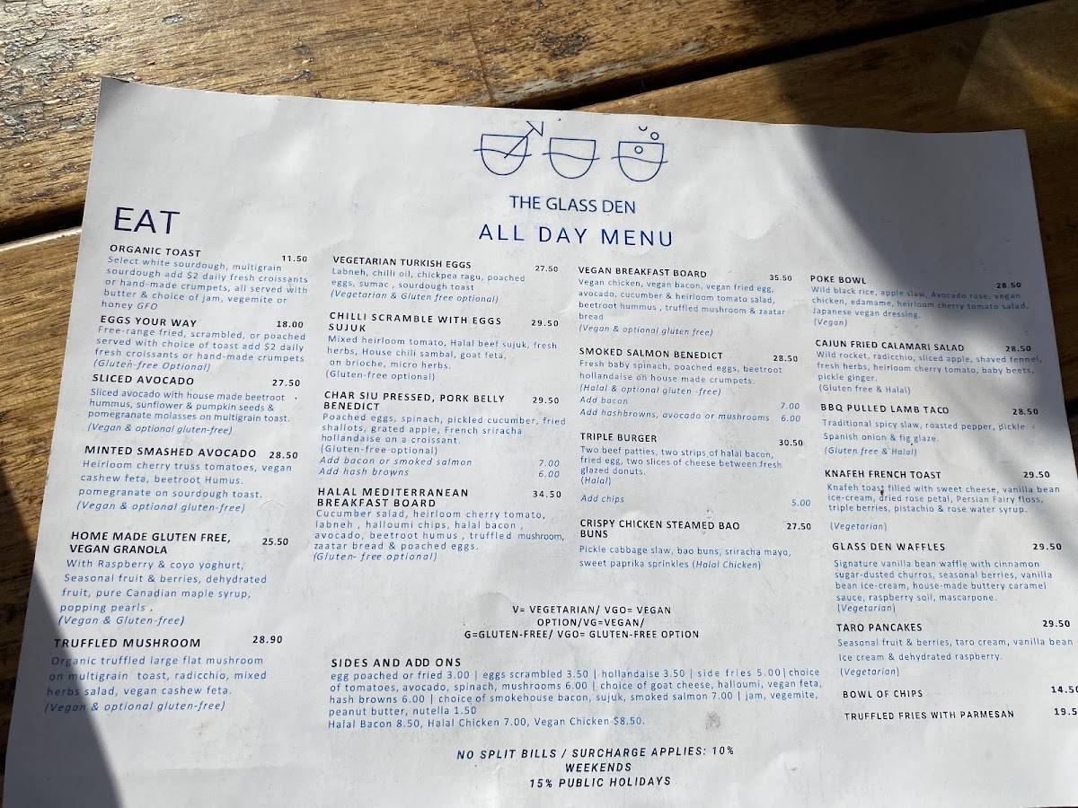 Menu at The Glass Den cafe, Coburg