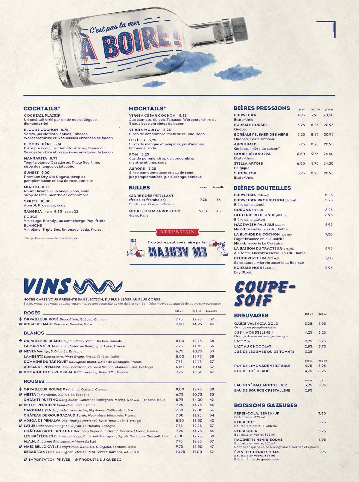 Menu au Cochon Dingue Place Ste-Foy restaurant, Québec, Bd Laurier