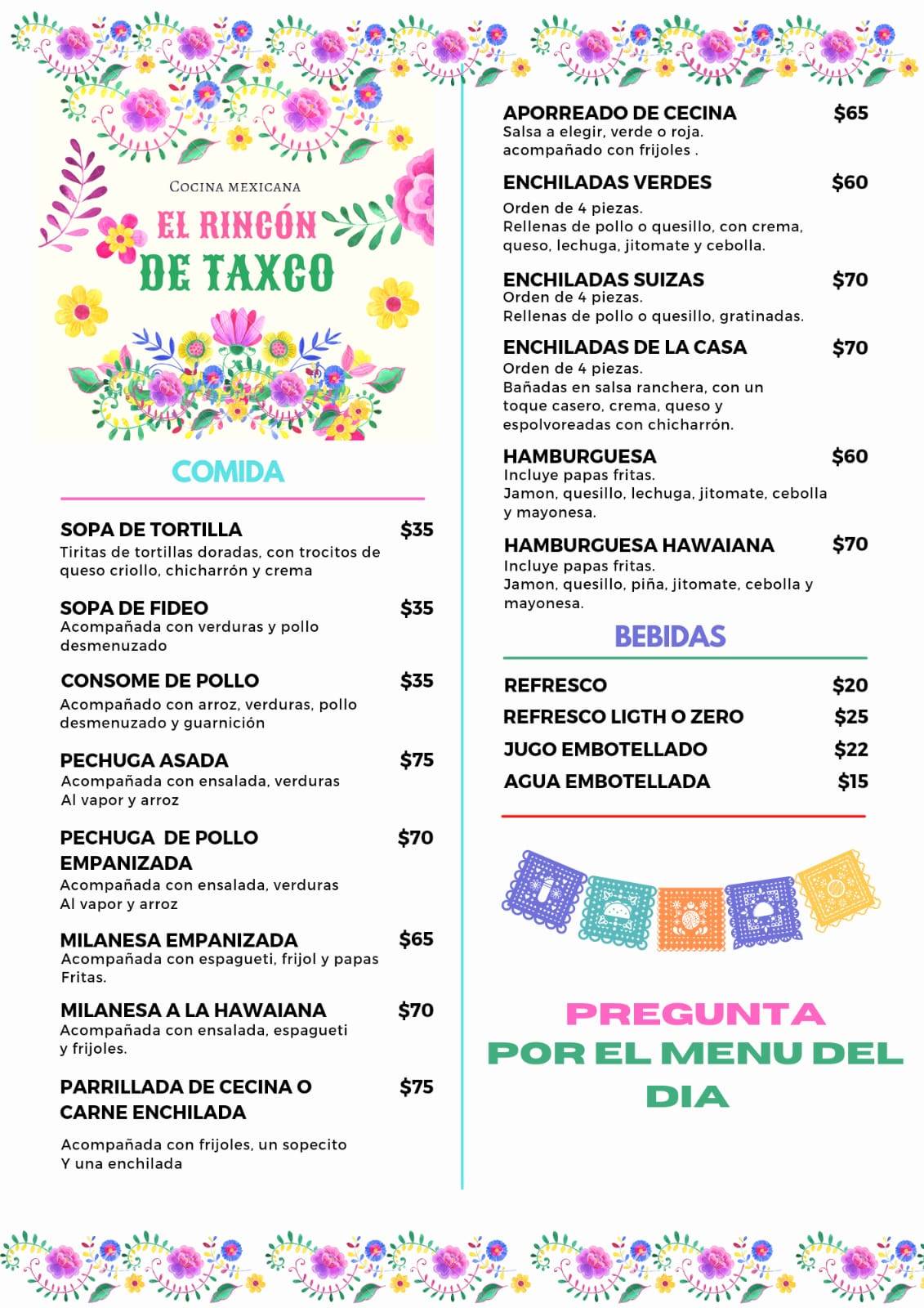 Menu at Cocina Mexicana "El rincón de Taxco" restaurant, Taxco