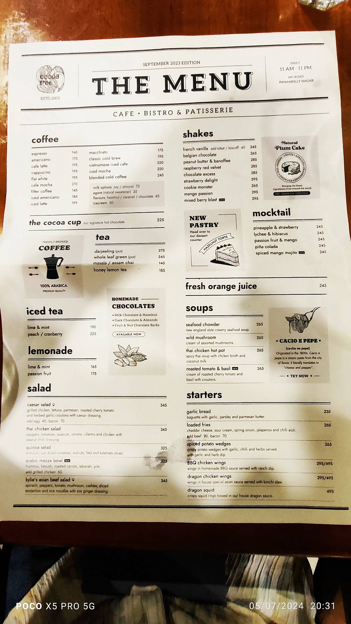 Menu at Cocoa Tree - MG Road, Kochi, The Avenue Regent