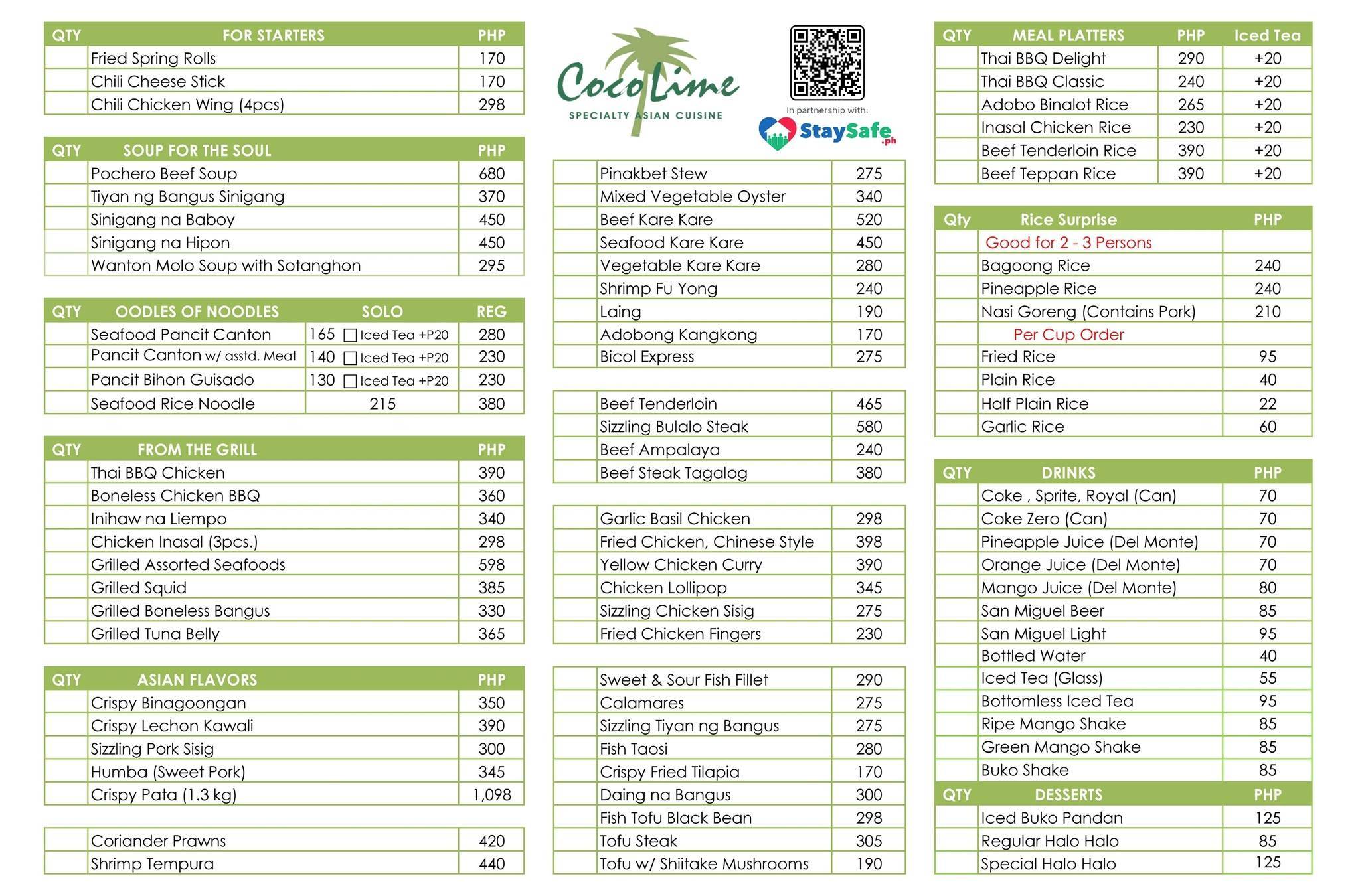 Menu at Cocolime restaurant, Subic Bay Freeport Zone