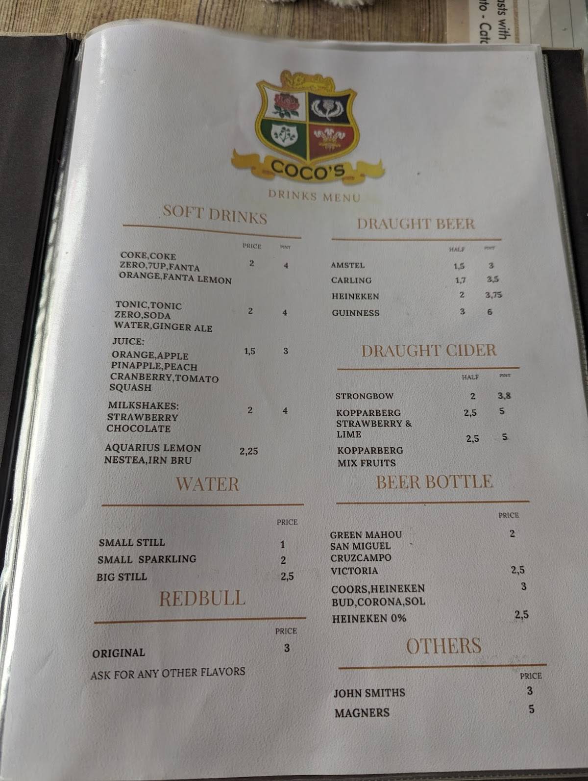 Menu at Coco's Sports Bar, Benalmádena