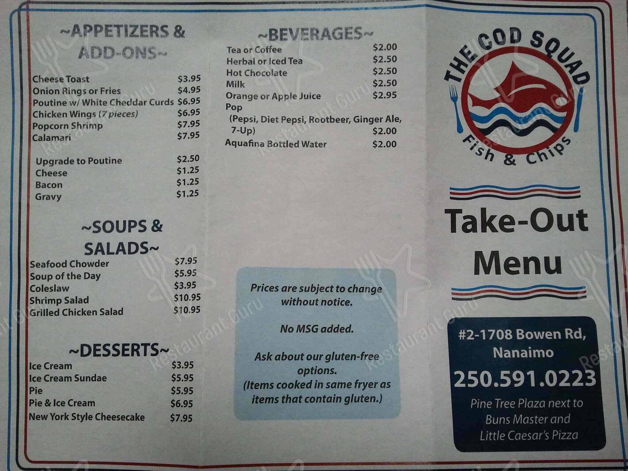 Menu at Cod Squad Fish & Chips restaurant, Nanaimo