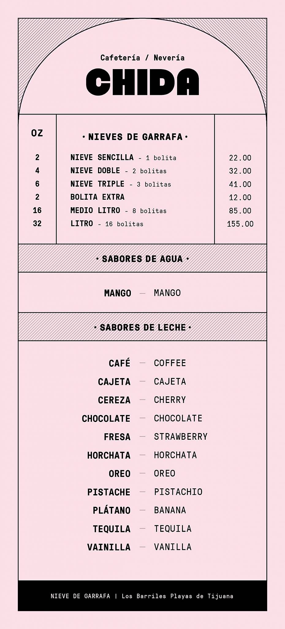 Carta de coffee house CHIDA, Tijuana