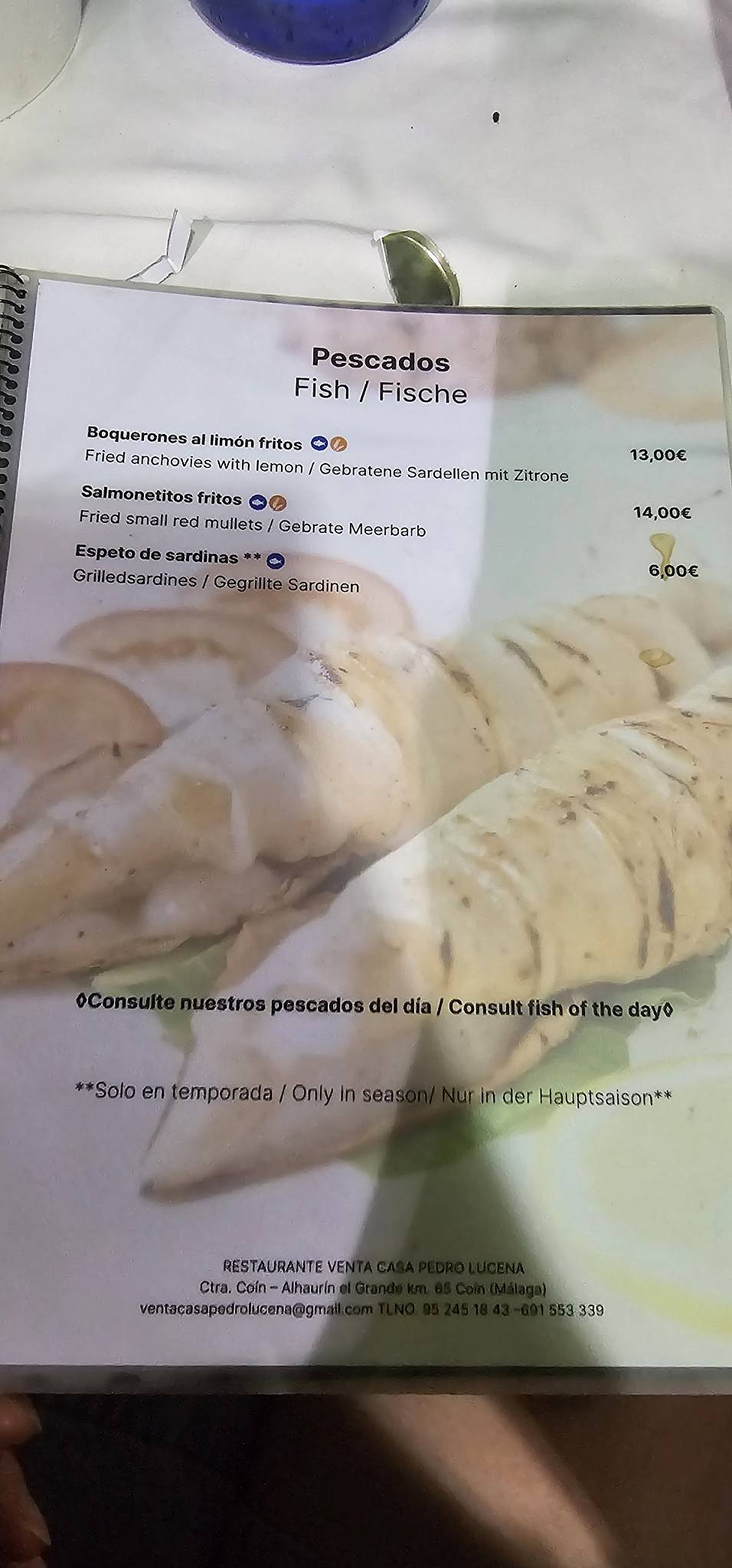 Carta del restaurante Venta Casa Pedro Lucena, Coín