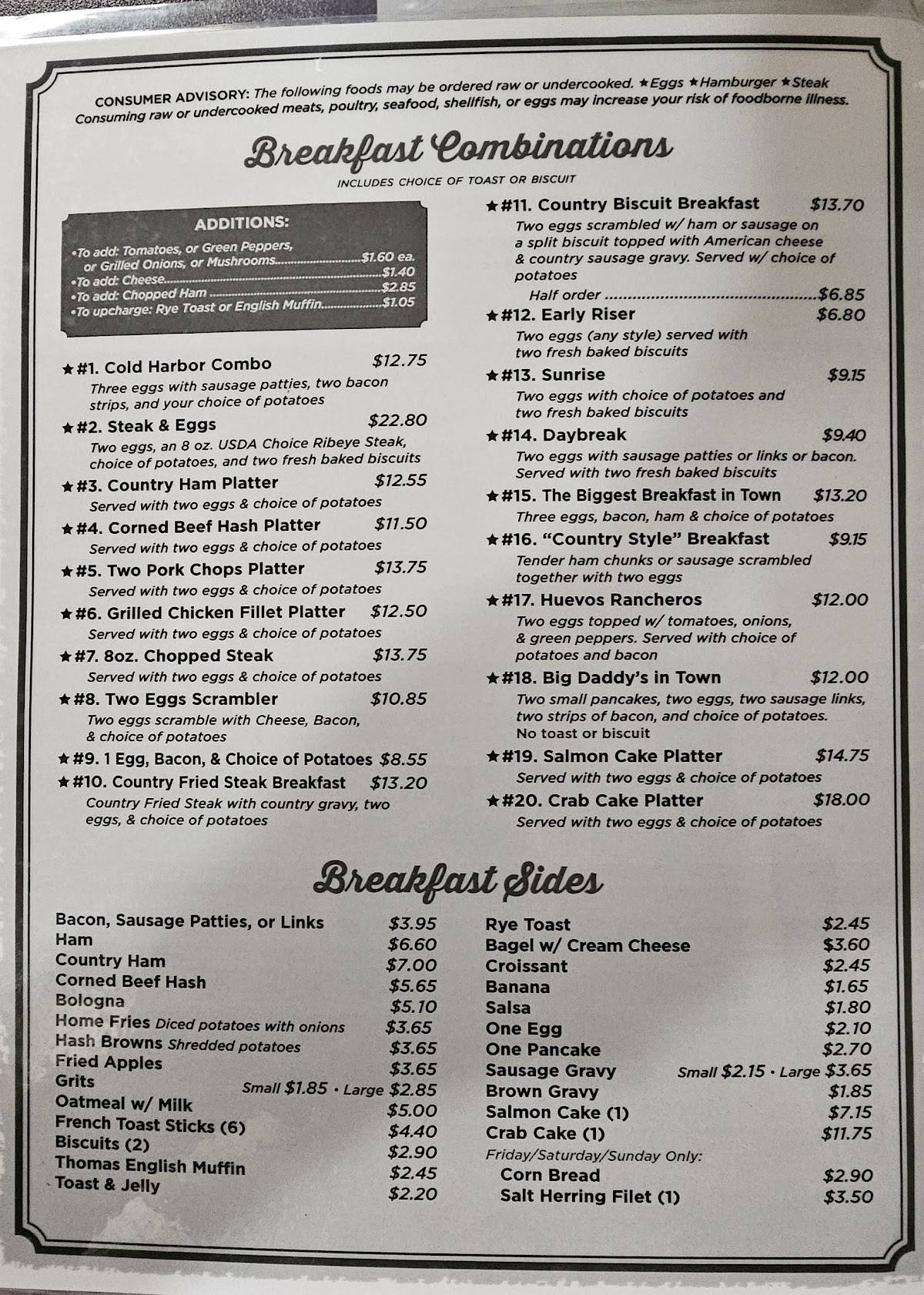 Menu at Cold Harbor Restaurant, Mechanicsville